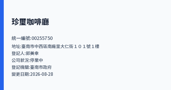 珍璽咖啡廳的照片-統編 00255750(臺南市) 公司登記資料與營業項目詳細圖表