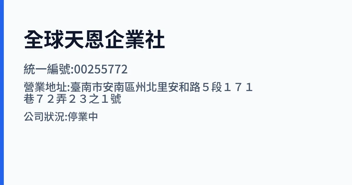 全球天恩企業社 - 統編 00255772（臺南市） 公司登記資料與營業項目詳細圖表