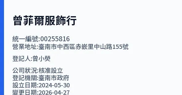 曾菲爾服飾行的照片-統編 00255816(臺南市) 公司登記資料與營業項目詳細圖表