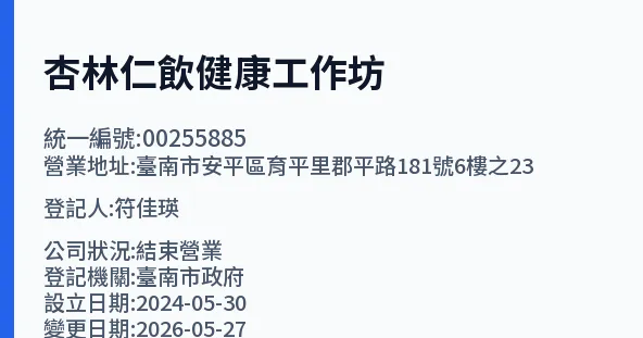 杏林仁飲健康工作坊的照片-統編 00255885(臺南市) 公司登記資料與營業項目詳細圖表