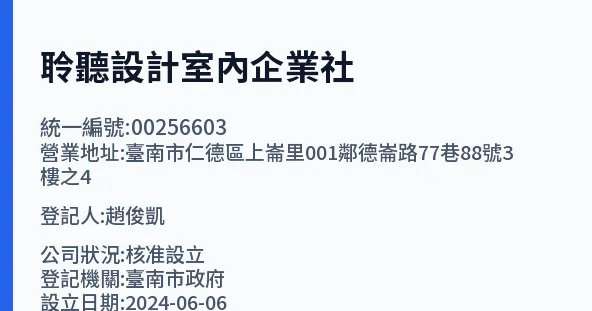 聆聽設計室內企業社的照片-統編 00256603(臺南市) 公司登記資料與營業項目詳細圖表