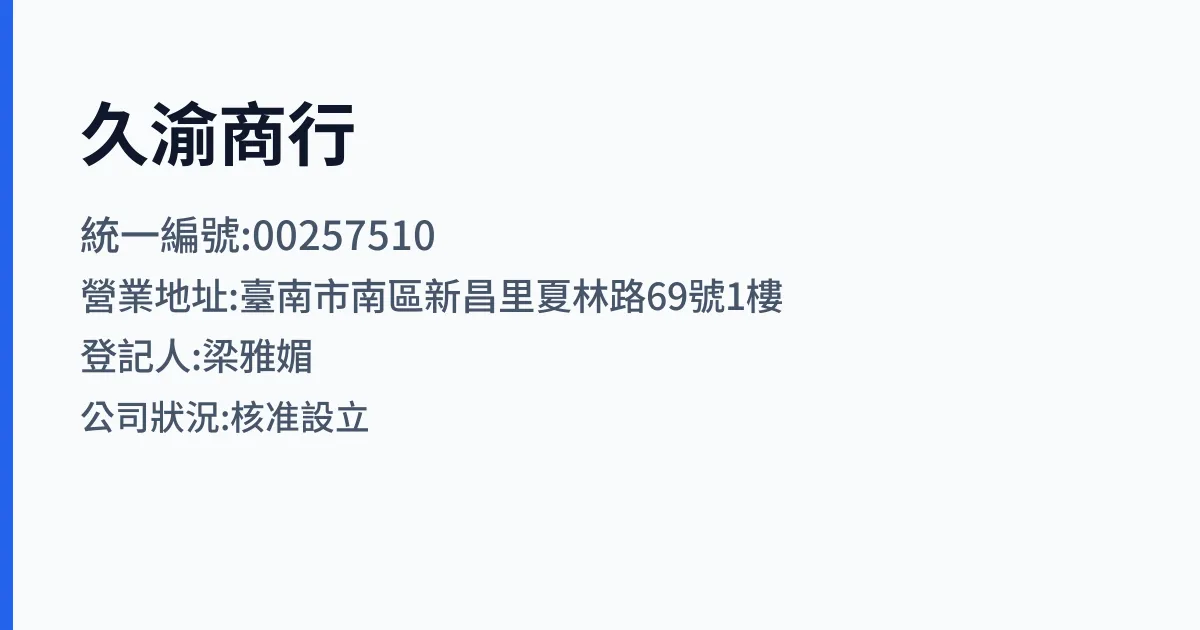 久渝商行 - 統編 00257510(臺南市) 公司登記資料與營業項目詳細圖表