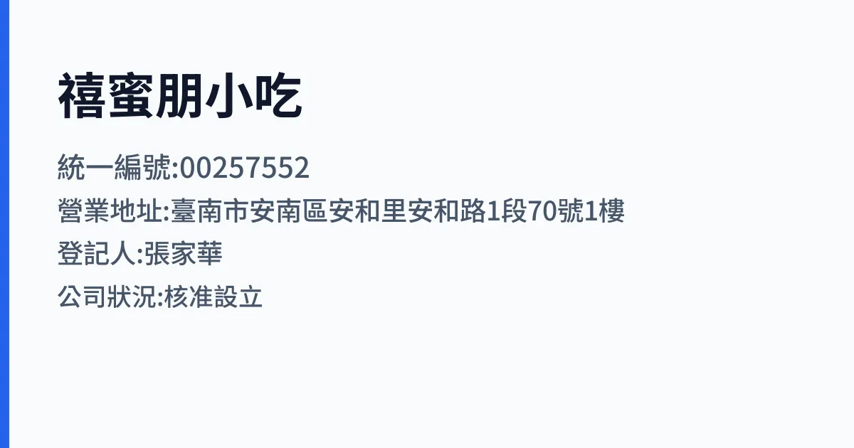 禧蜜朋小吃 - 統編 00257552(臺南市) 公司登記資料與營業項目詳細圖表