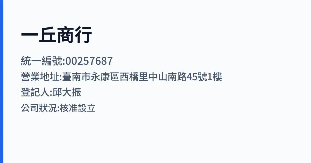 一丘商行 - 統編 00257687(臺南市) 公司登記資料與營業項目詳細圖表