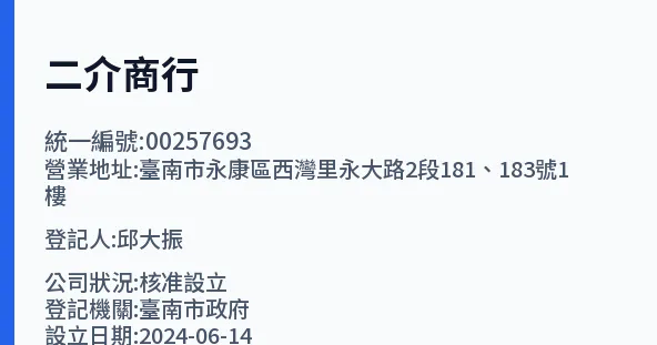 二介商行的照片-統編 00257693(臺南市) 公司登記資料與營業項目詳細圖表