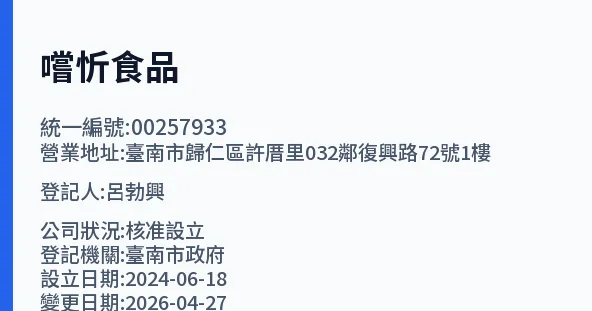 嚐忻食品的照片-統編 00257933(臺南市) 公司登記資料與營業項目詳細圖表