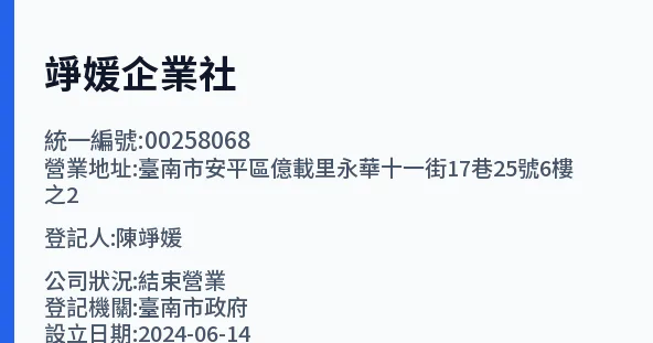 竫媛企業社的照片-統編 00258068(臺南市) 公司登記資料與營業項目詳細圖表