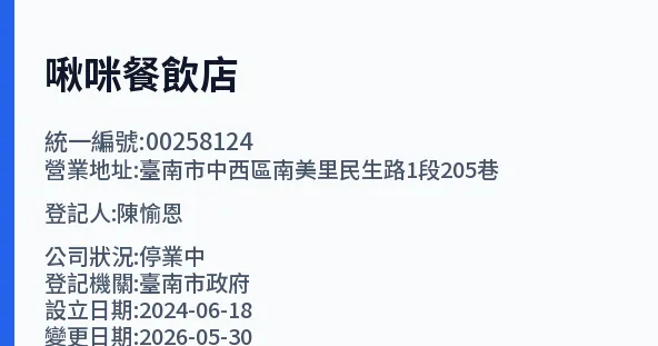 啾咪餐飲店的照片-統編 00258124(臺南市) 公司登記資料與營業項目詳細圖表