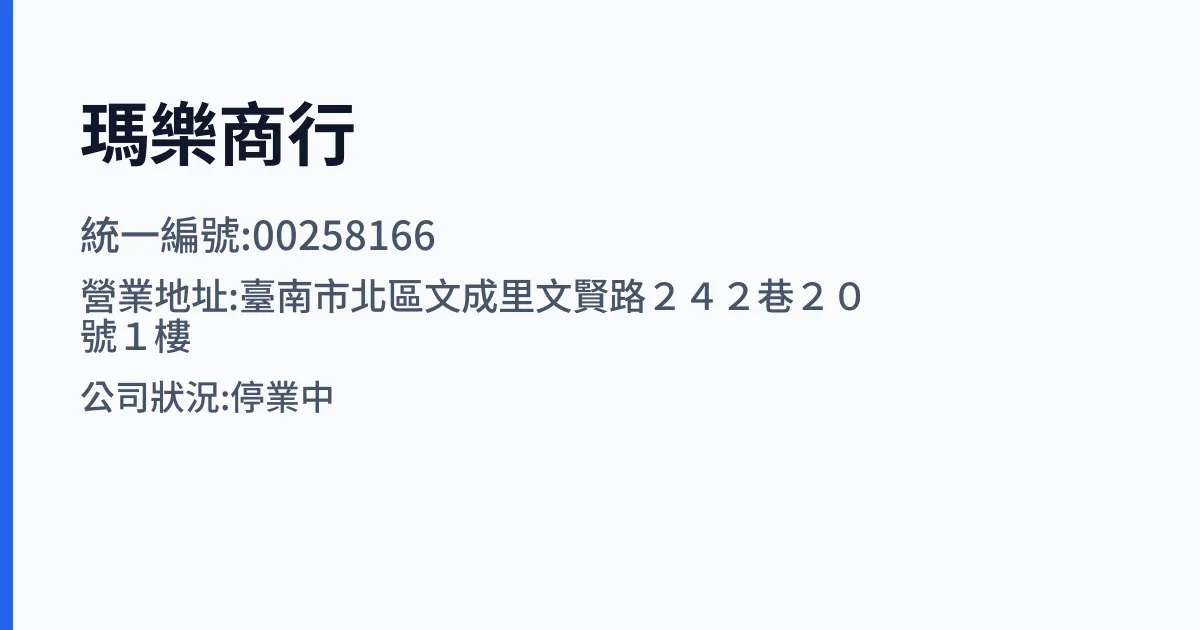 瑪樂商行 - 統編 00258166(臺南市) 公司登記資料與營業項目詳細圖表