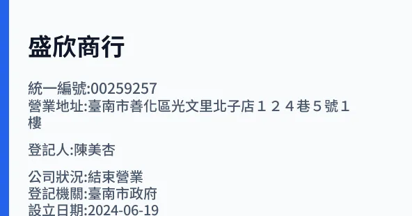 盛欣商行的照片-統編 00259257(臺南市) 公司登記資料與營業項目詳細圖表