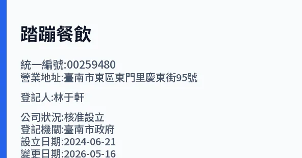 踏蹦餐飲的照片-統編 00259480(臺南市) 公司登記資料與營業項目詳細圖表