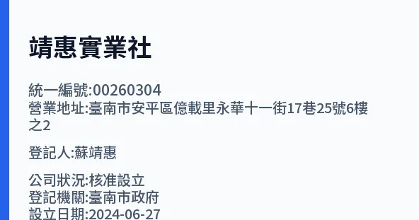 靖惠實業社的照片-統編 00260304(臺南市) 公司登記資料與營業項目詳細圖表