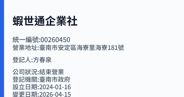 蝦世通企業社的照片-統編 00260450(臺南市) 公司登記資料與營業項目詳細圖表