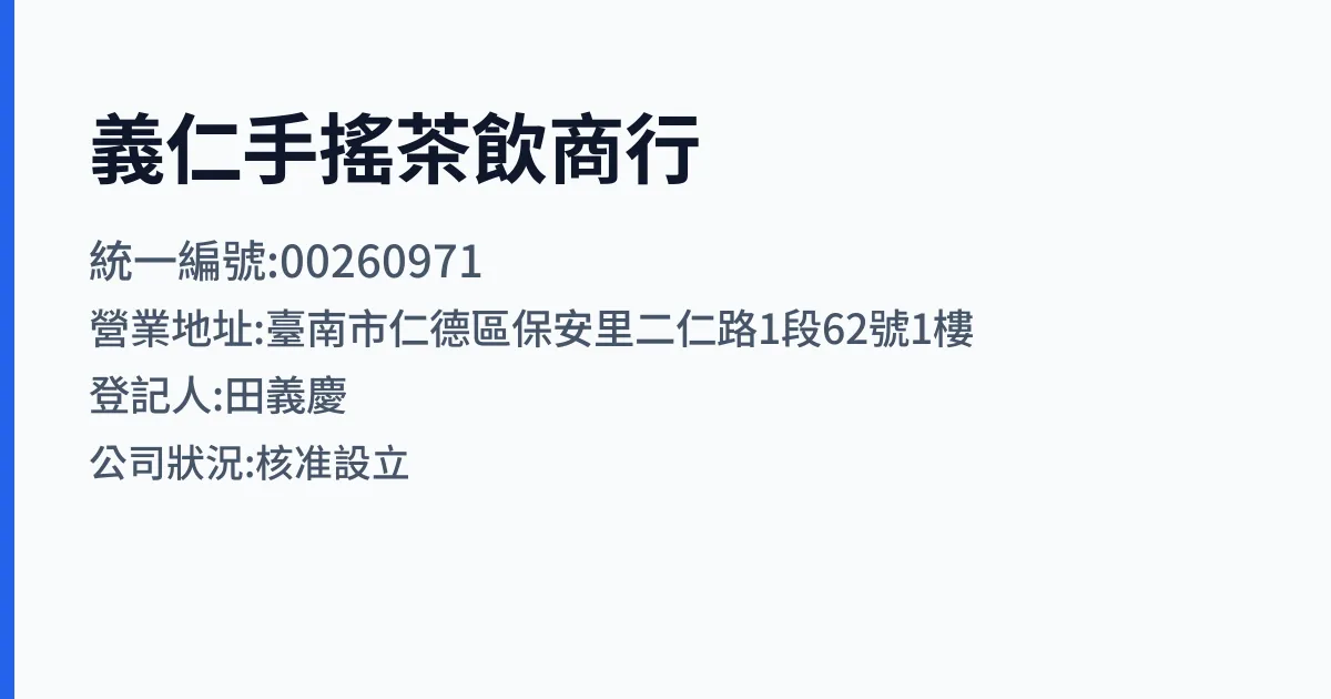 義仁手搖茶飲商行 - 統編 00260971(臺南市) 公司登記資料與營業項目詳細圖表