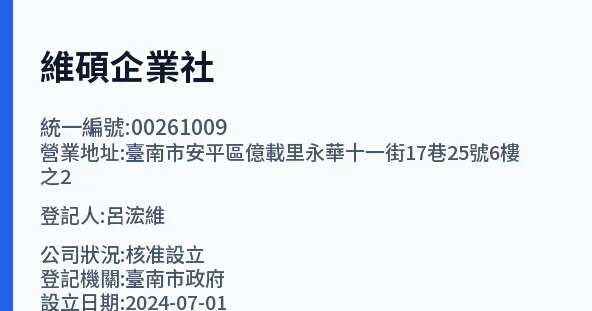 維碩企業社的照片-統編 00261009(臺南市) 公司登記資料與營業項目詳細圖表