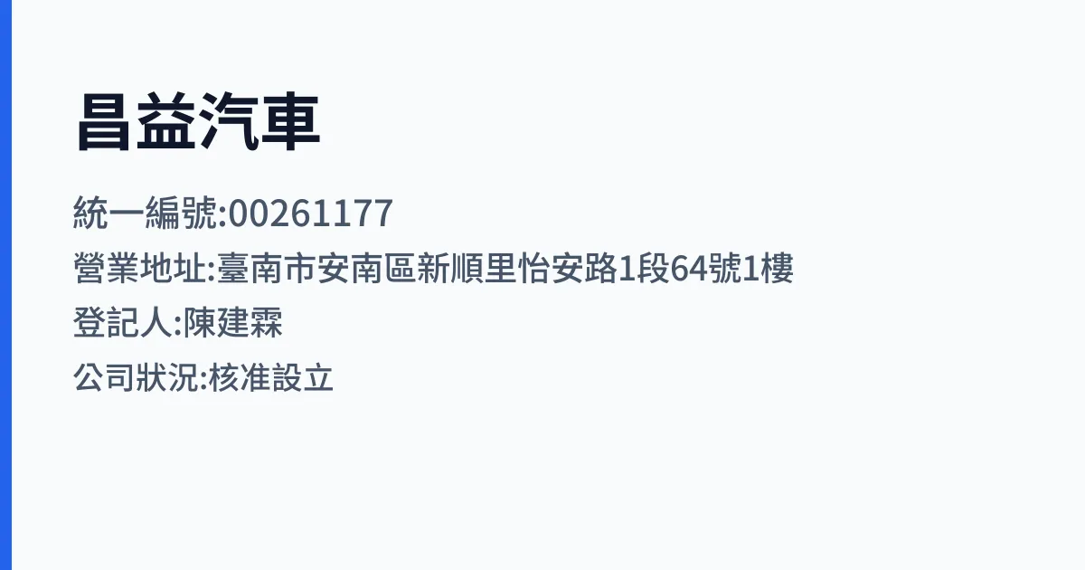 昌益汽車 - 統編 00261177(臺南市) 公司登記資料與營業項目詳細圖表