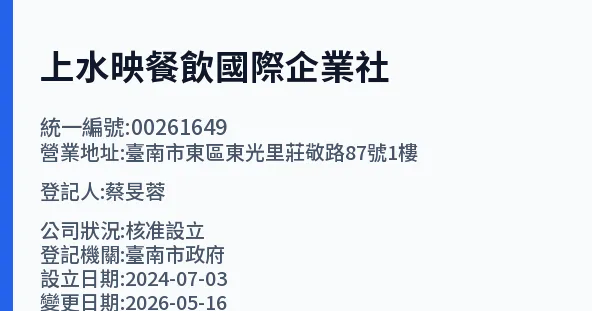 上水映餐飲國際企業社的照片-統編 00261649(臺南市) 公司登記資料與營業項目詳細圖表
