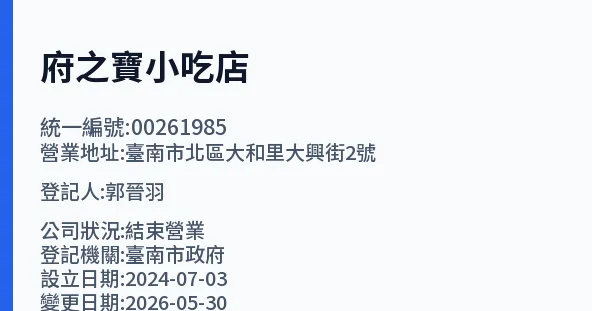 府之寶小吃店的照片-統編 00261985(臺南市) 公司登記資料與營業項目詳細圖表