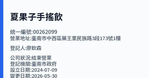 夏果子手搖飲的照片-統編 00262099(臺南市) 公司登記資料與營業項目詳細圖表