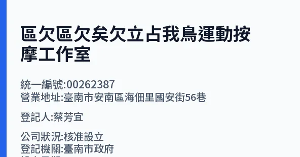 區欠區欠矣欠立占我鳥運動按摩工作室的照片-統編 00262387(臺南市) 公司登記資料與營業項目詳細圖表