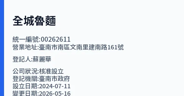 全城魯麵的照片-統編 00262611(臺南市) 公司登記資料與營業項目詳細圖表