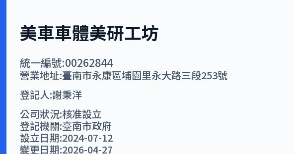 美車車體美研工坊的照片-統編 00262844(臺南市) 公司登記資料與營業項目詳細圖表