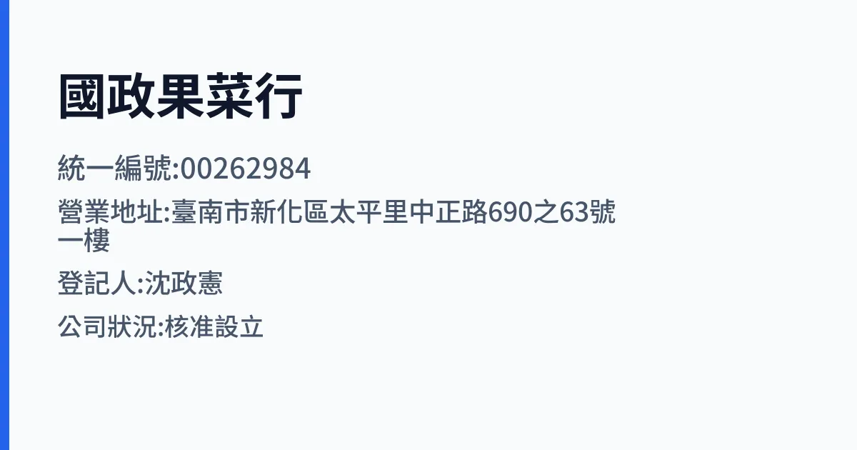 國政果菜行 - 統編 00262984(臺南市) 公司登記資料與營業項目詳細圖表