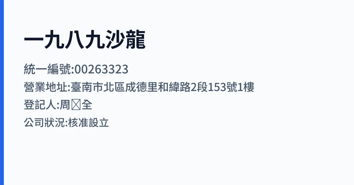 一九八九沙龍 - 統編 00263323(臺南市) 公司登記資料與營業項目詳細圖表