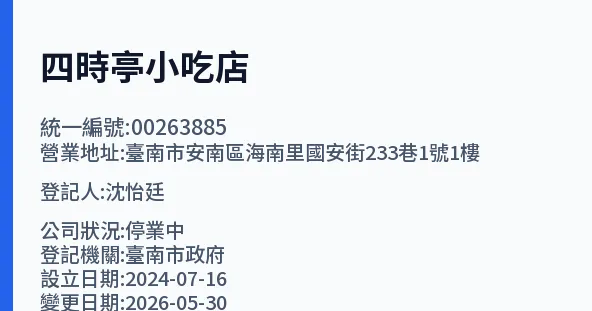 四時亭小吃店的照片-統編 00263885(臺南市) 公司登記資料與營業項目詳細圖表