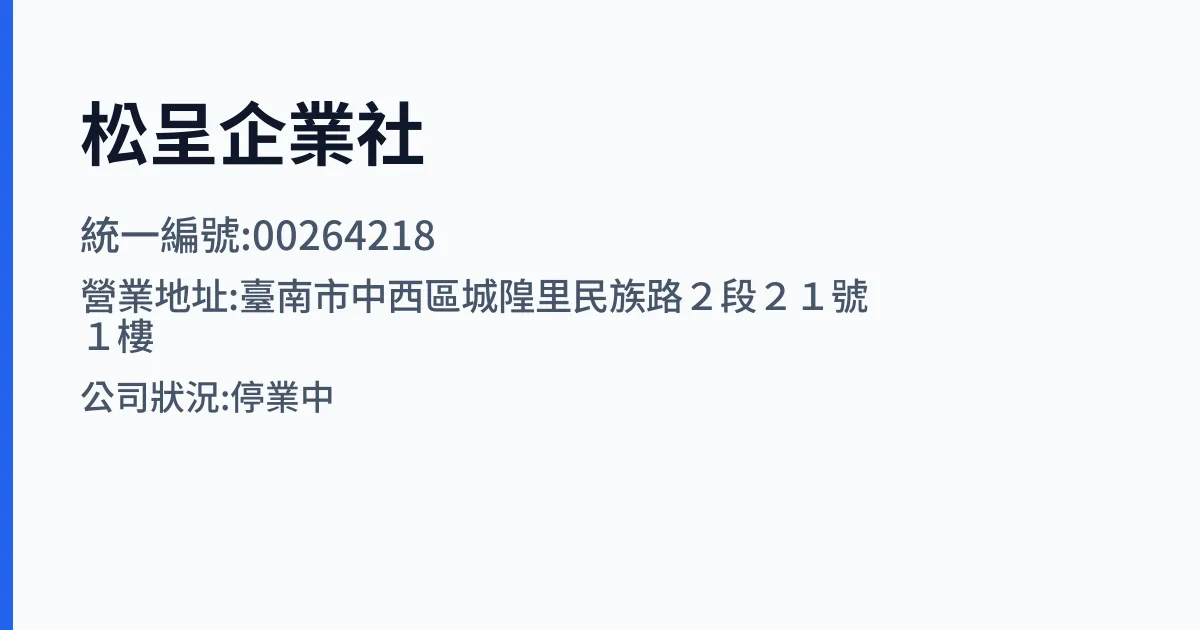 松呈企業社 - 統編 00264218(臺南市) 公司登記資料與營業項目詳細圖表