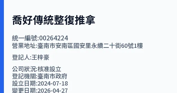 喬好傳統整復推拿的照片-統編 00264224(臺南市) 公司登記資料與營業項目詳細圖表