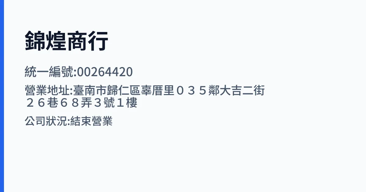 錦煌商行 - 統編 00264420（臺南市） 公司登記資料與營業項目詳細圖表