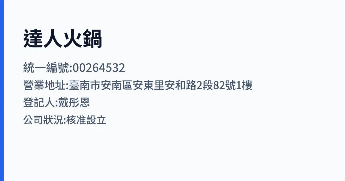 達人火鍋 - 統編 00264532(臺南市) 公司登記資料與營業項目詳細圖表