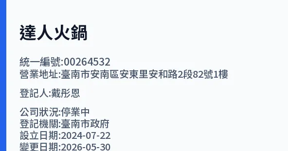達人火鍋的照片-統編 00264532(臺南市) 公司登記資料與營業項目詳細圖表