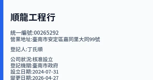 順龍工程行的照片-統編 00265292(臺南市) 公司登記資料與營業項目詳細圖表