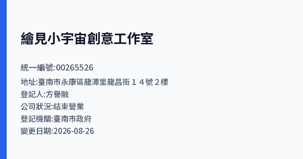 繪見小宇宙創意工作室的照片-統編 00265526(臺南市) 公司登記資料與營業項目詳細圖表