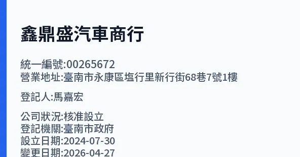 鑫鼎盛汽車商行的照片-統編 00265672(臺南市) 公司登記資料與營業項目詳細圖表