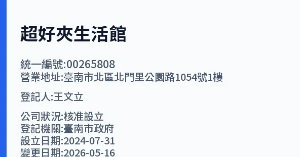 超好夾生活館的照片-統編 00265808(臺南市) 公司登記資料與營業項目詳細圖表