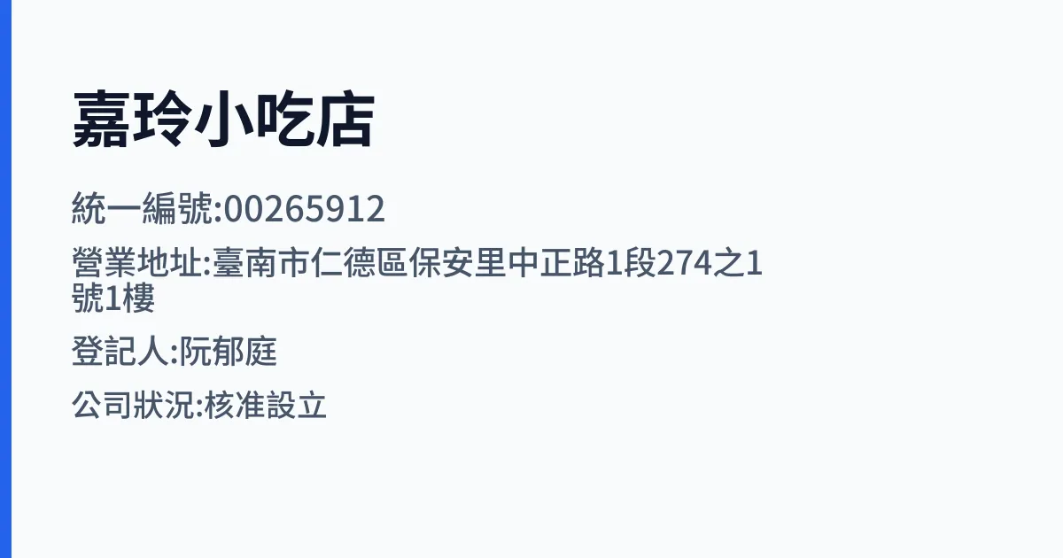 嘉玲小吃店 - 統編 00265912(臺南市) 公司登記資料與營業項目詳細圖表
