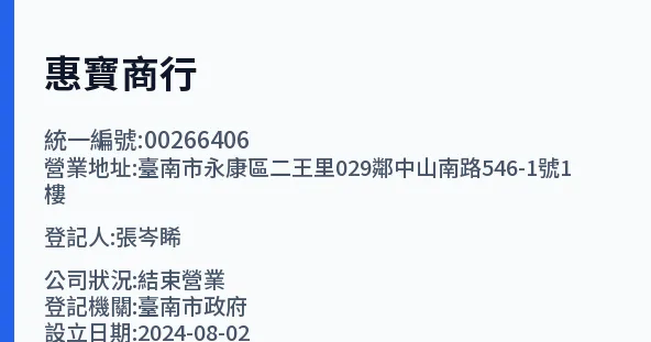 惠寶商行的照片-統編 00266406(臺南市) 公司登記資料與營業項目詳細圖表