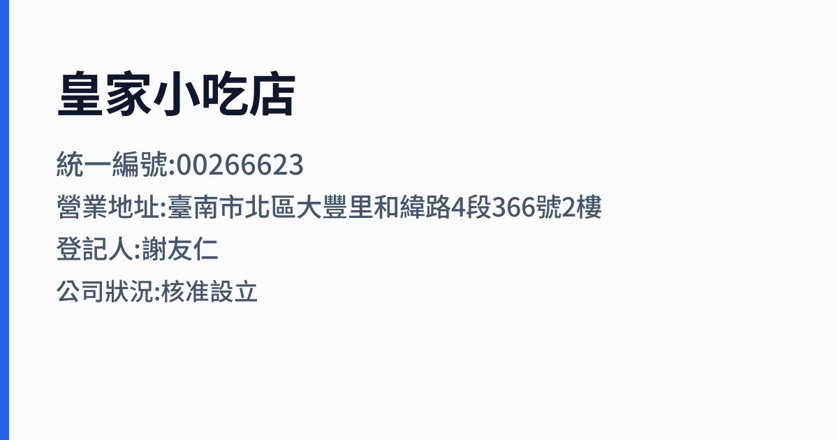 皇家小吃店 - 統編 00266623(臺南市) 公司登記資料與營業項目詳細圖表