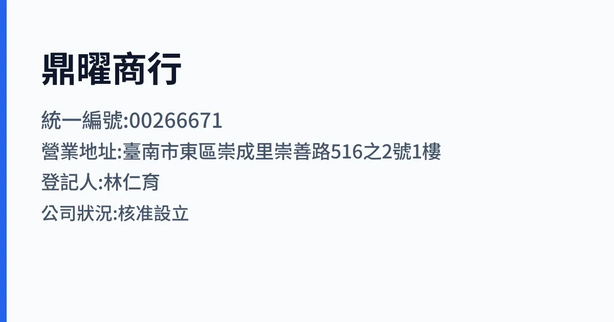 鼎曜商行 - 統編 00266671（臺南市） 公司登記資料與營業項目詳細圖表