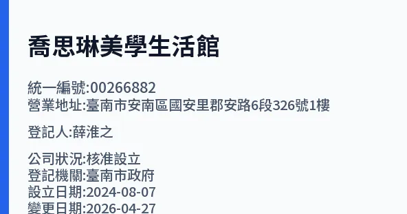 喬思琳美學生活館的照片-統編 00266882(臺南市) 公司登記資料與營業項目詳細圖表