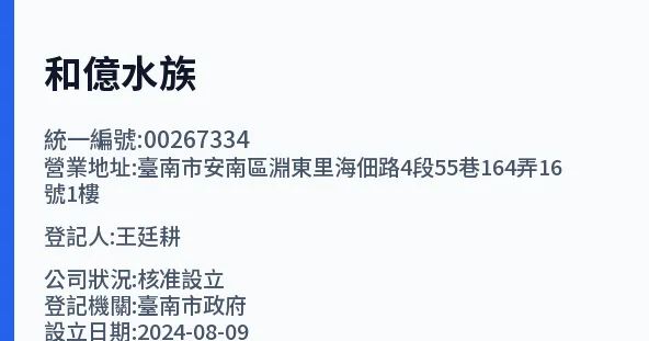 和億水族的照片-統編 00267334(臺南市) 公司登記資料與營業項目詳細圖表