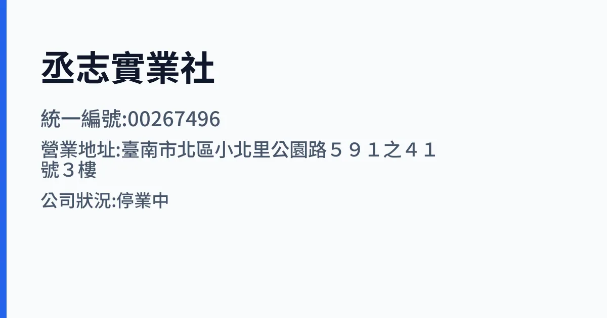丞志實業社 - 統編 00267496（臺南市） 公司登記資料與營業項目詳細圖表