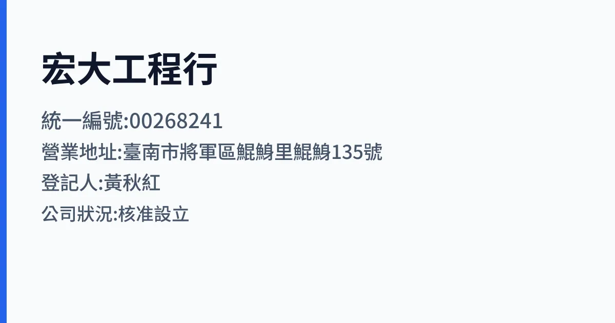 宏大工程行 - 統編 00268241(臺南市) 公司登記資料與營業項目詳細圖表