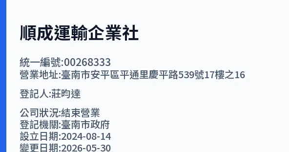順成運輸企業社的照片-統編 00268333(臺南市) 公司登記資料與營業項目詳細圖表