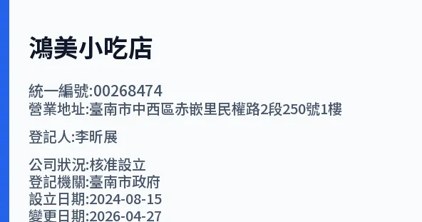 鴻美小吃店的照片-統編 00268474(臺南市) 公司登記資料與營業項目詳細圖表
