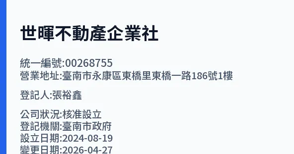 世暉不動產企業社的照片-統編 00268755(臺南市) 公司登記資料與營業項目詳細圖表
