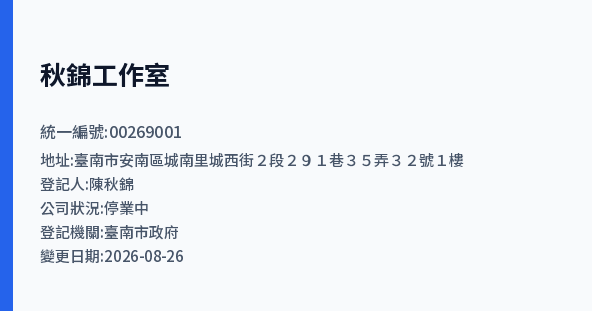 秋錦工作室的照片-統編 00269001(臺南市) 公司登記資料與營業項目詳細圖表
